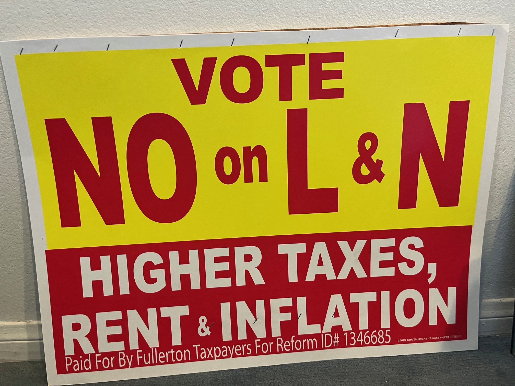No on L & M sign - Friends For Fullerton's Future