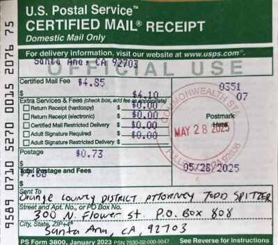 CERTIFIED MAIL RECEIPT - Friends For Fullerton's Future